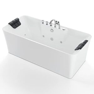 Empava 59-Inch Freestanding Whirlpool Bathtub Rectangular with 8 Hydromassage Adjustable Water Jets Luxury Acrylic Massage SPA Soaking Bath Tub Double Ended , White