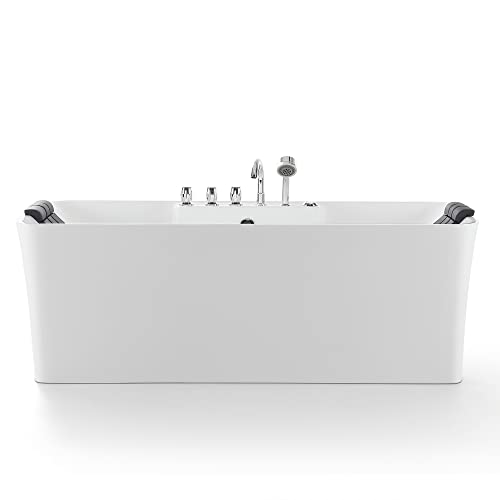 Empava 59-Inch Freestanding Whirlpool Bathtub Rectangular with 8 Hydromassage Adjustable Water Jets Luxury Acrylic Massage SPA Soaking Bath Tub Double Ended , White