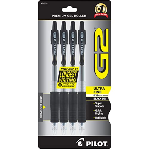 PILOT G2 Premium Refillable & Retractable Rolling Ball Gel Pens, Ultra Fine Point, Black Ink, 4-Pack (31275)