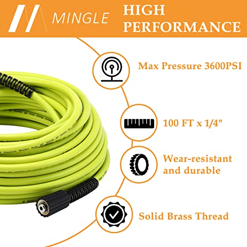 M MINGLE Pressure Washer Hose 100 FT x 1/4" - Replacement Power Wash Hose with Quick Connect Kits - High Pressure Hose with M22 14mm Fittings - 3600PSI