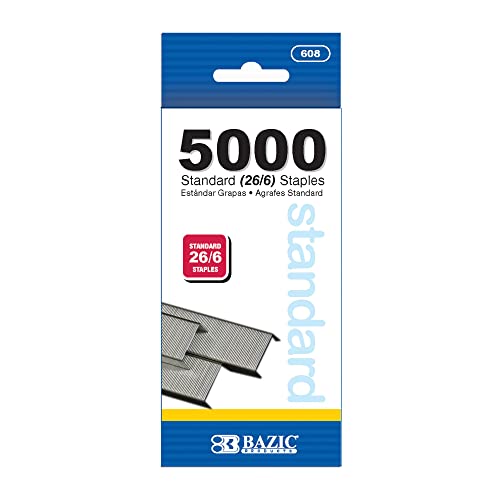 BAZIC Staples Standard (26/6) 5000/Pack, Stapler Refill Standard Size Staple, Silver Colors, 1-Pack