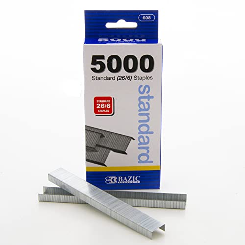 BAZIC Staples Standard (26/6) 5000/Pack, Stapler Refill Standard Size Staple, Silver Colors, 1-Pack