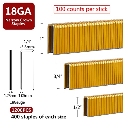 SimCos 18 Gauge 1/4" Narrow Crown Staples (1", 3/4", 1/2"), Galvanized 1200 Counts for Pneumatic or Electric Stapler,Assorted Project Pack