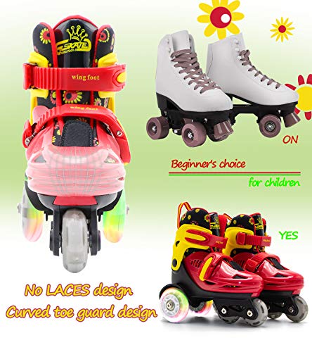 Quad Roller Skates for Kids Girls with Adjustable Size (Age 3-9), Double Brakes, Luminous Wheels, 3-Point Balance, Include Knee Pads Elbow Pads Wrist Guards