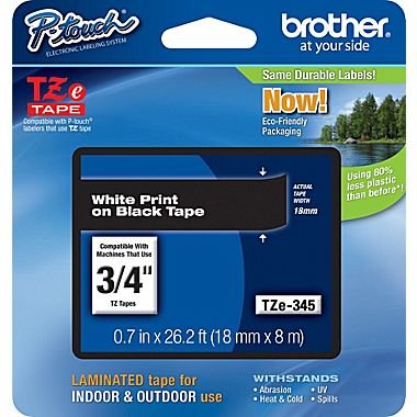 Brother TZe-345 18mm (0.75 ), Length of 8M, White on Black Label Tape