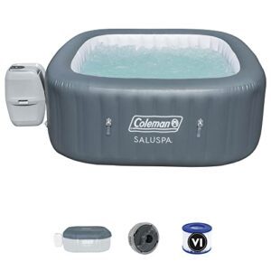 coleman 15442-bw saluspa 4 person portable inflatable outdoor square hot tub spa with 114 air jets, cover, pump, and 2 filter cartridges, gray