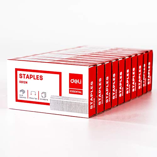 Deli 10,000 Staples, Fits Deli 25, 40 and 60 Sheet Capacity Staplers, Standard 1/4 Inch Length, 24/6, Jam Free Sharp Chisel Point Design, 10 Boxes of 1,000 Staples, Fits Standard Staplers(0012N)