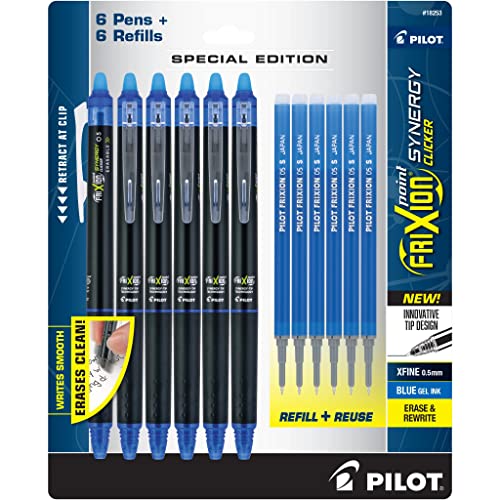 PILOT Frixion Synergy Clicker Erasable Pens, Retractable and Refillable, 0.5mm Extra Fine Point, 6 Pack of Blue Ink Pens + 6 Refills