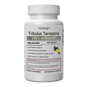 superior labs – tribulus terrestris – performance support & cortisol blocker with 45% saponins, high potency & pure 1500mg dosage, 180 vegetable caps – supports vitality – with added bioperine®