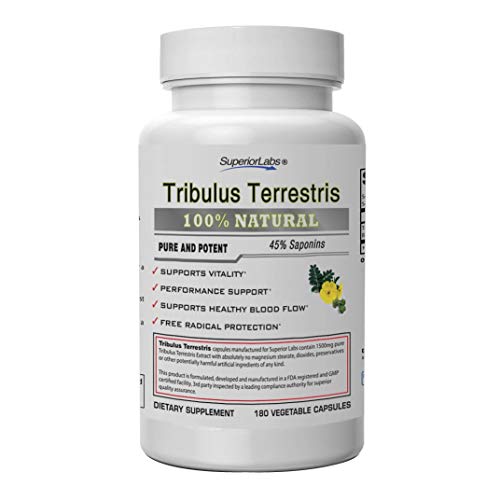 Superior Labs - Tribulus Terrestris - Performance Support & Cortisol Blocker with 45% Saponins, High Potency & Pure 1500mg Dosage, 180 Vegetable Caps - Supports Vitality - with Added BioPerine®