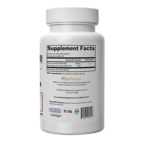 Superior Labs - Tribulus Terrestris - Performance Support & Cortisol Blocker with 45% Saponins, High Potency & Pure 1500mg Dosage, 180 Vegetable Caps - Supports Vitality - with Added BioPerine®