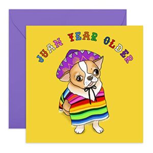 funny animal birthday card – ‘juan year older’ – for mom dad husband wife him her men & women – cute dog – birthday cards joke – comes with fun stickers – by central 23