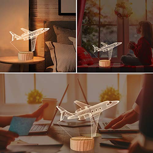 Airplane Night Light 3D Illusion Lamp,Soft Warm Colors Wood Table Lamp for Boys Pilot Gifts with USB Power