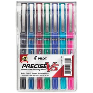 pilot precise v5 stick liquid ink rolling ball stick pens, extra fine point (0.5mm) assorted ink colors, 7-pack pouch (26015)