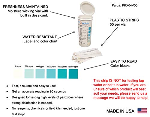 Very High Level Hydrogen Peroxide H2O2 Test Strips, 0-10,000 ppm [Vial of 50 Strips]