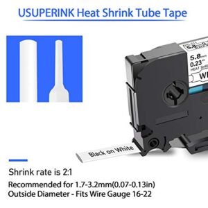 USUPERINK 5 Pack Compatible for Brother HSe-211 HSe211 HS-211 HS211 Black on White Heat Shrink Tube Label Tape for Cables and Wires (0.23''x 4.92ft, 5.8mm x 1.5m)