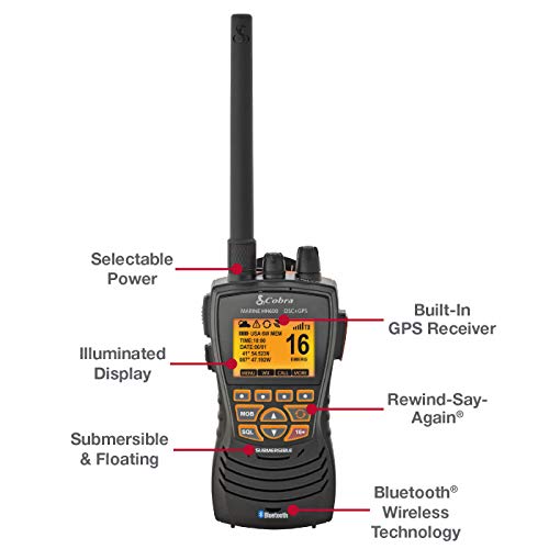 Cobra MR HH600FLTBTGPS Handheld Floating VHF Radio – 6 Watt, GPS, Bluetooth, Submersible, Noise Cancelling Mic, Backlit LCD Display, Memory Scan, Grey