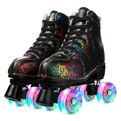 LEAFIS Roller Skates Classic High-top for Adult Outdoor Skating Light-Up Four-Wheel Roller Skates Shiny Roller Skates for Women (Lightning Black Flash Wheel,43)