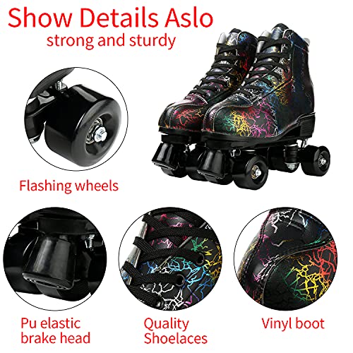 LEAFIS Roller Skates Classic High-top for Adult Outdoor Skating Light-Up Four-Wheel Roller Skates Shiny Roller Skates for Women (Lightning Black Flash Wheel,43)