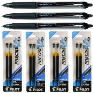 pilot precise v7 rt retractable, black ink, 0.7mm fine point, 3 pens with 4 packs of refills