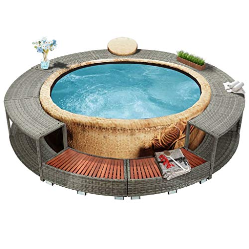 INLIFE Round Spa Surround Poly Rattan Outdoor Massage Hot Tub Frame with Solid Acacia Wood Steps and Stoarge Compartment for Outdoor,Garden,Backyard,Patio Gray 111.4"x 111.4"x 21.7"(LxWxH)