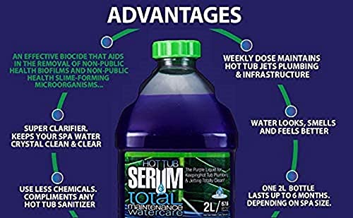 Hot Tub Serum - an EPA Registered Weekly Maintenance Bio-Cleaner/Clarifier/Conditioner/Softener All-in-One 2 Liter (24 Weekly doses)