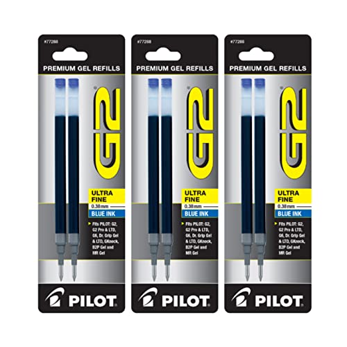 PILOT G2 Gel Ink Pen Refills, Ultra Fine Point, 0.38mm, Blue Ink, 6 Refills