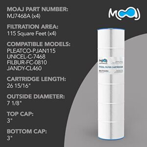 MOAJ Advanced Pool Filter 4-Pack Replaces Jandy CL460, CV460, R0554600, A0558000, PJAN115, PJAN115-PAK4, Filbur FC-0810, Unicel C-7468, XLS-705 | 26 15/16" x 7 1/8" | 115 SQ FT | Washable & Reusable