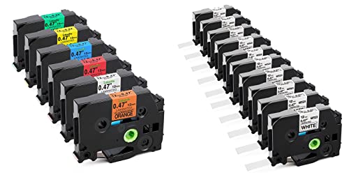 Replacement for Brother Ptouch TZe Label Tape Multicolor Bundle with Compatible TZe-231 Label Tapes, 0.47" x 26.2', Black on White/Orange/Red/Blue/Yellow/Green (Total 16-Pack)