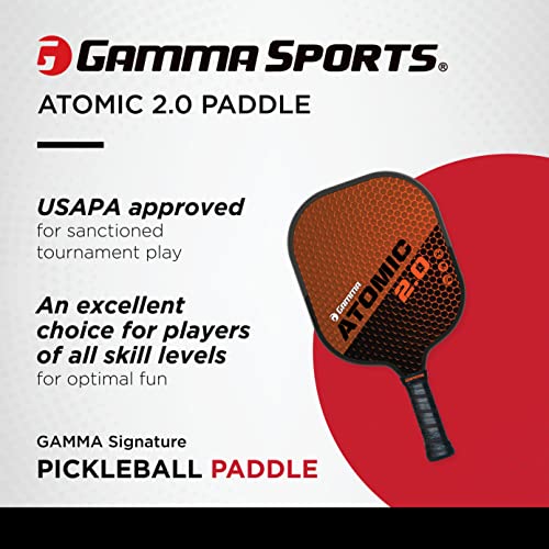 Gamma Sports 2.0 Pickleball Paddle: Mens and Womens Textured Fiberglass Face Pickle-Ball Racquet - Indoor and Outdoor Racket: Atomic Orange, ~8 oz, One Size