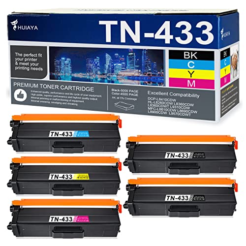 TN-433 TN433 Toner Cartridge HUAYA Compatible Replacement for Brother DCP-L8410CDW HL-L8260CDW L8360CDW MFC-L8360CDW L8690CDW Printer, 5 Pack (2BK+1C+1Y+1M) Color Toner