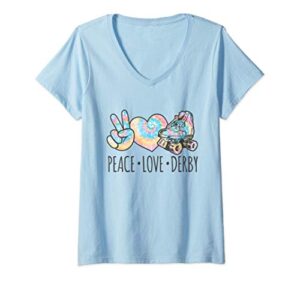 womens tie dye roller skating for teen girls | peace love derby v-neck t-shirt