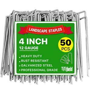 titifield landscape staples 4 inch 50 pack 12 gauge, garden staples galvanized ground stakes anti-rust landscape fabric staples garden stakes for irrigation tubing, fence, weed barrier, ground cover