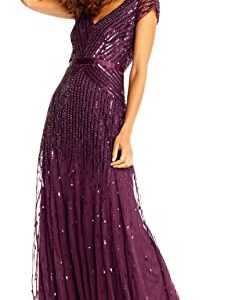 Adrianna Papell Women's Long Beaded V-Neck Dress with Cap Sleeves and Waistband, Cassis, 10