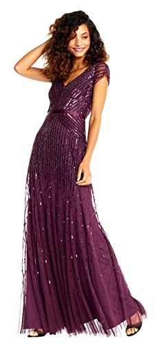 Adrianna Papell Women's Long Beaded V-Neck Dress with Cap Sleeves and Waistband, Cassis, 10