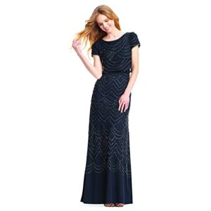 adrianna papell women’s short sleeve blouson beaded gown, navy, 8