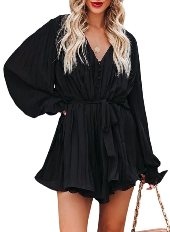 Dokotoo Womens Summer Spring Romper Ladies Elegant Plain Sexy V Neck Flared Long Sleeve Waist Tiet Pleated Drape Rompers and Jumpsuits for Women Dressy Black X-Large