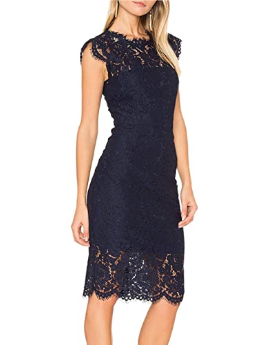 MEROKEETY Women's Sleeveless Lace Floral Elegant Cocktail Dress Crew Neck Knee Length for Party