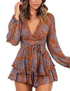 relipop women’s jumpsuit floral print v neck baggy sleeve waist tie double layer ruffle hem short mini dress romper