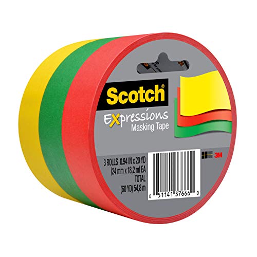 Scotch Expressions Masking Tape.94 in x 20 yd, 3 Rolls/Pack, Red, Yellow, Green (3437-3PRM)