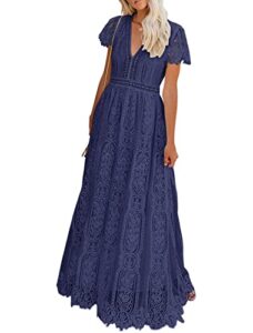 merokeety women’s v neck short sleeve floral lace wedding dress bridesmaid cocktail party maxi dress navy