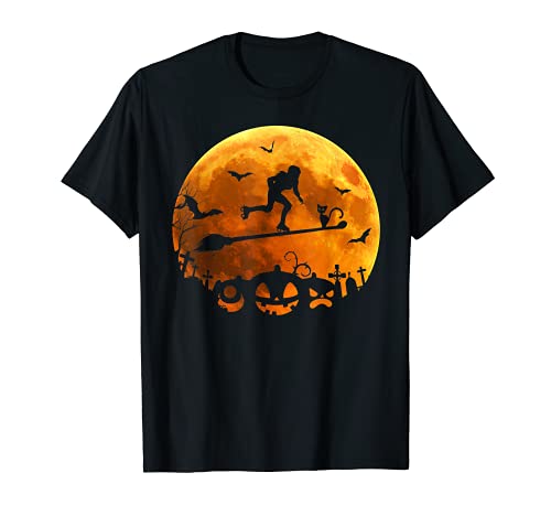 Roller Derby Witch Riding Broom Moon Halloween Costume T-Shirt