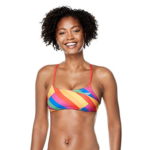 Speedo Women's Standard Swimsuit Top Bikini Endurance Strappy Back Demi, Pride Sliced Squares, Medium