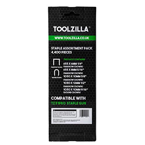 TOOLZILLA Staple Assortment Pack, 4,400 Pieces, Variety of Staples for Staple Gun, Stapler and Staples, Including Narrow Crown and Round Crown for Every Job, TOOLZILLA Replacement Staples for Home DIY