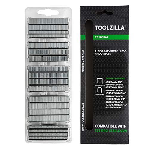 TOOLZILLA Staple Assortment Pack, 4,400 Pieces, Variety of Staples for Staple Gun, Stapler and Staples, Including Narrow Crown and Round Crown for Every Job, TOOLZILLA Replacement Staples for Home DIY