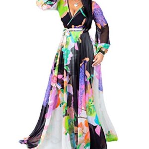 lvenzse Womens Chiffon Deep V Neck Printed Stylish Maxi Dress Dresses High Slim Waisted Belt Plus Size