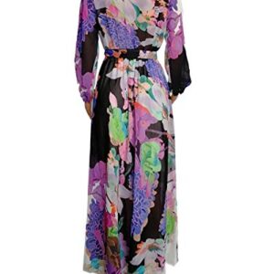 lvenzse Womens Chiffon Deep V Neck Printed Stylish Maxi Dress Dresses High Slim Waisted Belt Plus Size