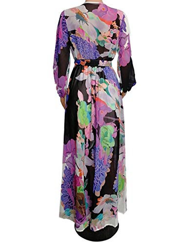 lvenzse Womens Chiffon Deep V Neck Printed Stylish Maxi Dress Dresses High Slim Waisted Belt Plus Size