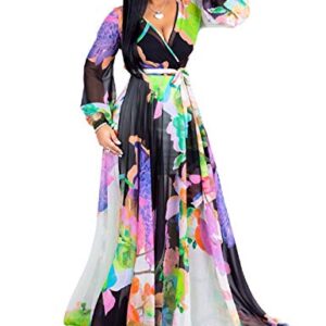 lvenzse Womens Chiffon Deep V Neck Printed Stylish Maxi Dress Dresses High Slim Waisted Belt Plus Size