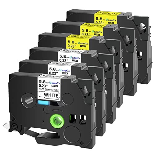 USUPERINK 6 Pack Compatible for Brother P-Touch HSe-611 Black on Yellow HSe-211 Black on White 5.8mm 0.23'' Heat Shrink Tubing Label Tape for Wire Cable use in PT-P710BT P700 P750W P900 Label Printer